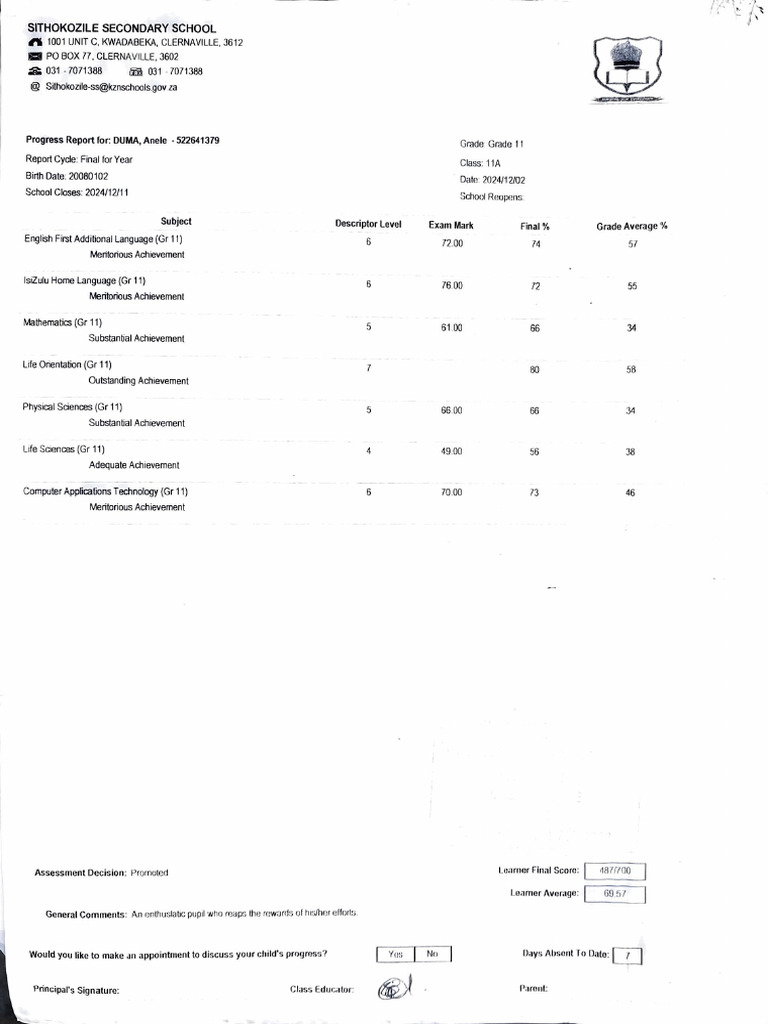 Anele's Grade 11 Results | PDF | Educational Stages