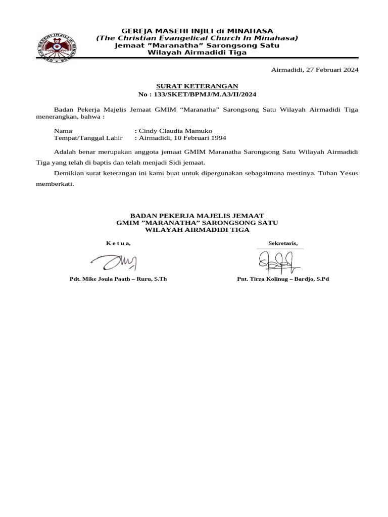 133 - Surat Keterangan Sudah Baptis Dan Sidi | PDF