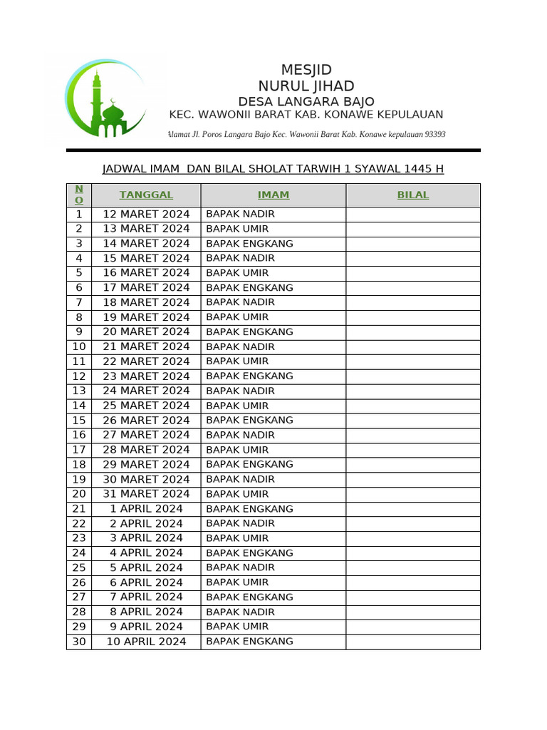 Jadwal Imam Mesjid Sholat Tarwih | PDF