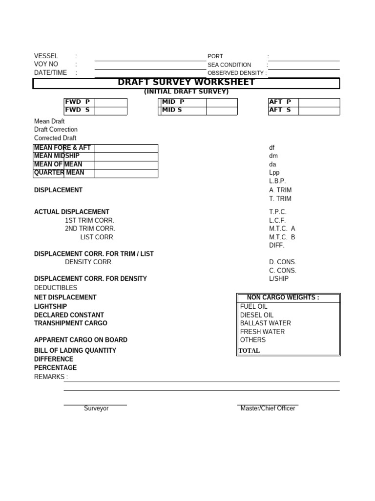 Draft Survey Worksheet Template | PDF | Ships | Water Transport