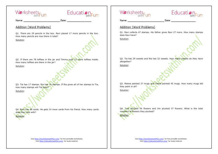 Addition - Word Problems Worksheet 5 (2 Files Merged) | PDF