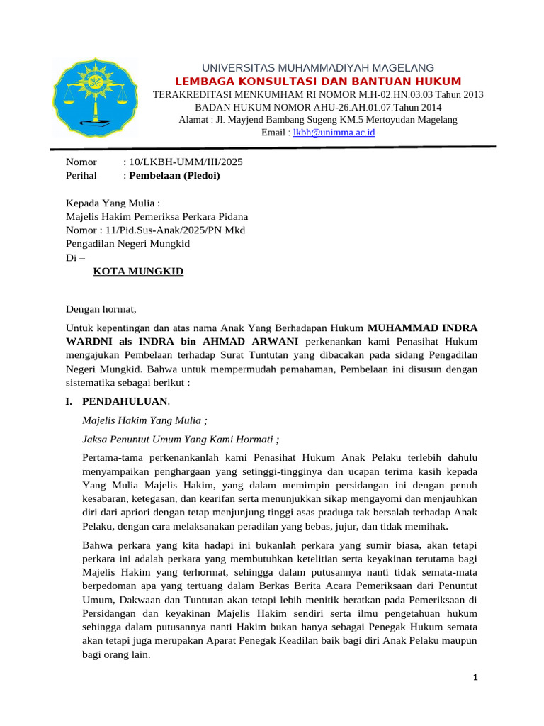 Pledoi - Muhammad Indra Wardni Als Indra Bin Ahmad Arwani | PDF