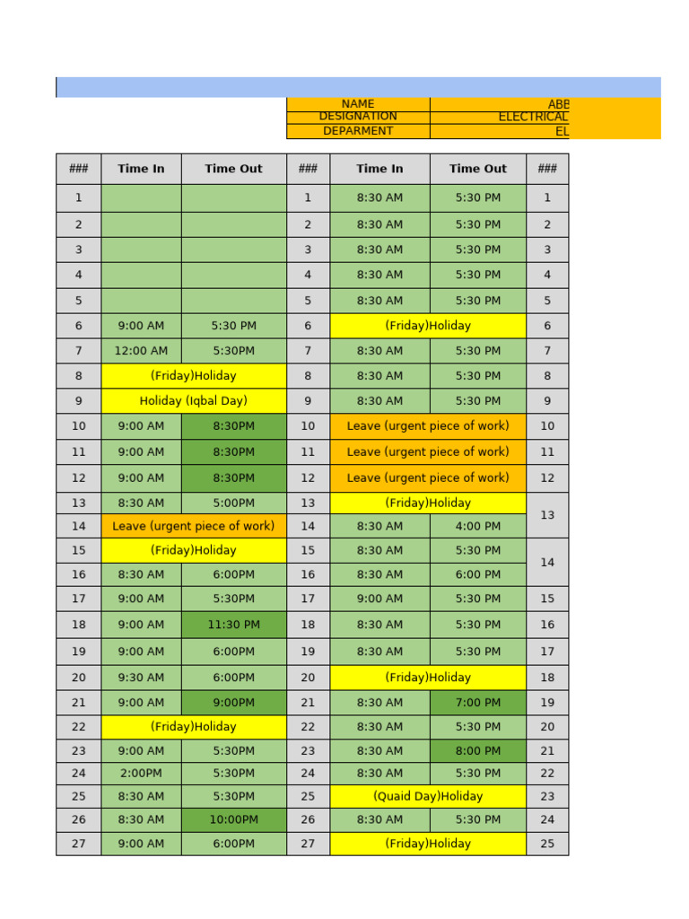 Daily Employee Attendance Sheet Excel | PDF