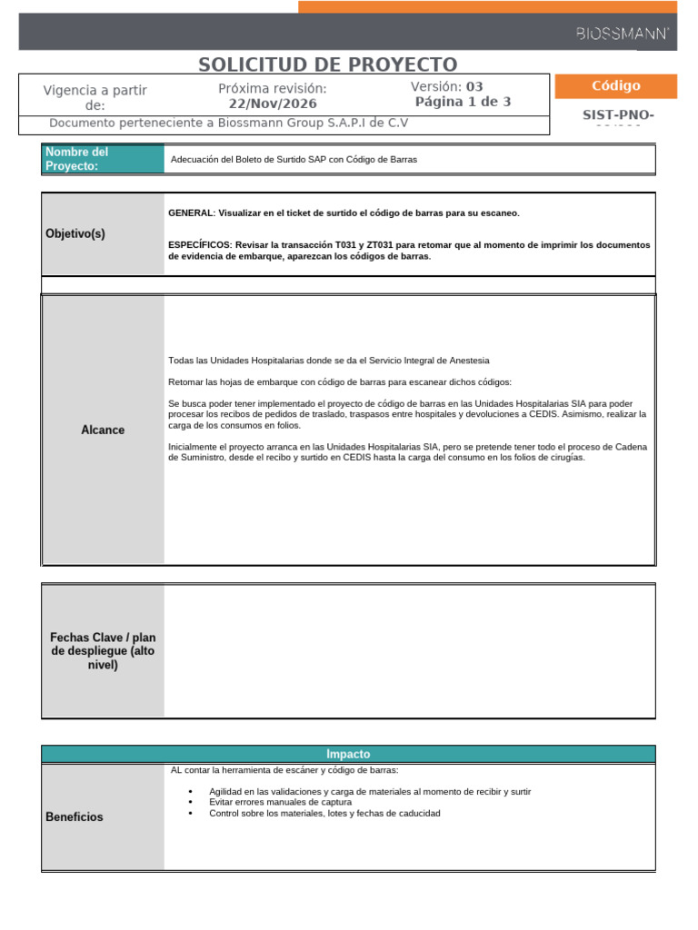 SIST-PNO-02-001 Solicitud de Proyecto de Impresión de Código de Barras SAP 050924 | PDF ...