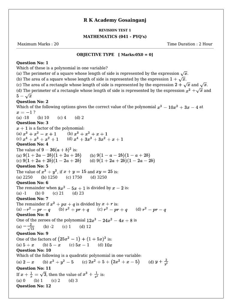 Mathematics Revision Test for Class 10 | PDF | Polynomial | Numerical ...