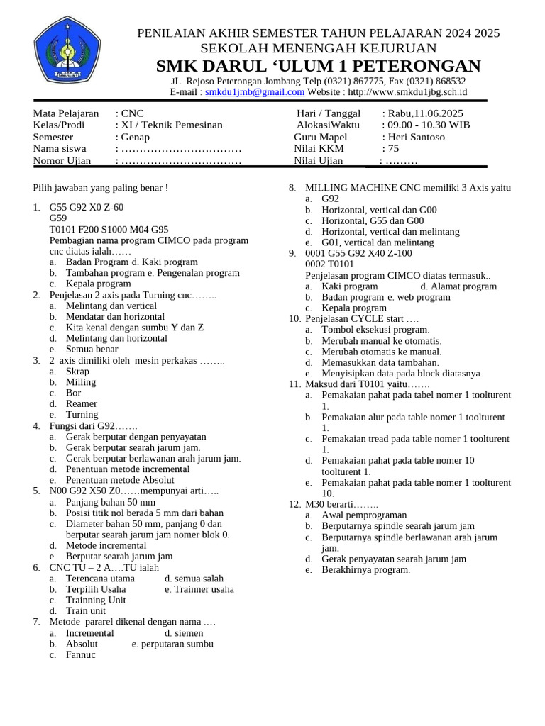 Soal Ujian Cnc Kelas Xi Smk 2025 Pdf