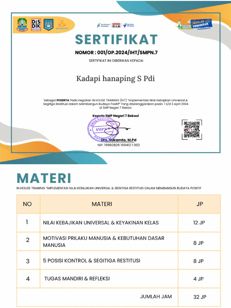 SERTIFIKAT IHT DISIPLIN POSITIF 2024 Kadapi Hanaping S Pdi | PDF