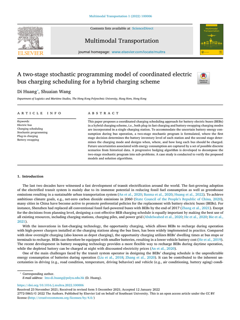 A Two-Stage Stochastic Programming Model of Coordinated Electric Bus Charging Scheduling For A ...