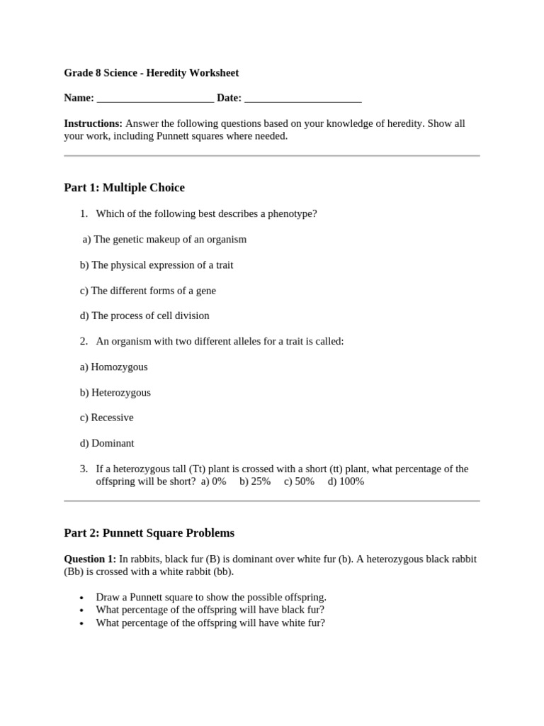 Grade 8 Heredity Worksheet Guide | PDF