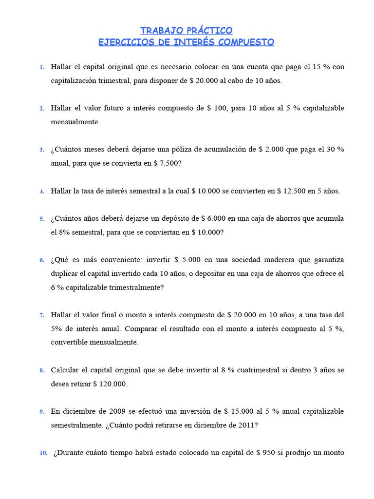 EJERCICIOS DE INTERÉS COMPUESTO.doc | PDF