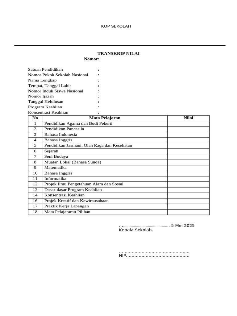 Template Transkrip 2024-2025 | PDF