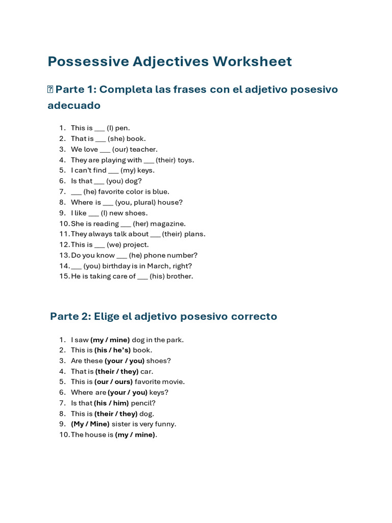 possessive adjective worksheet | PDF | Linguistic Morphology