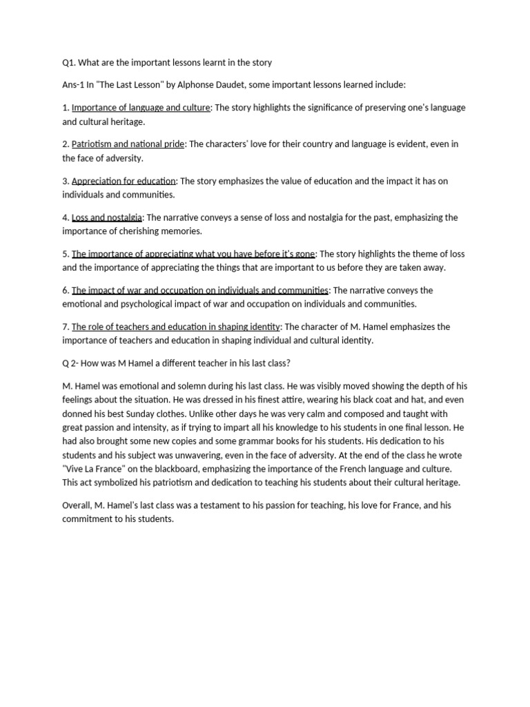 Long Answers of The Last Lesson | PDF