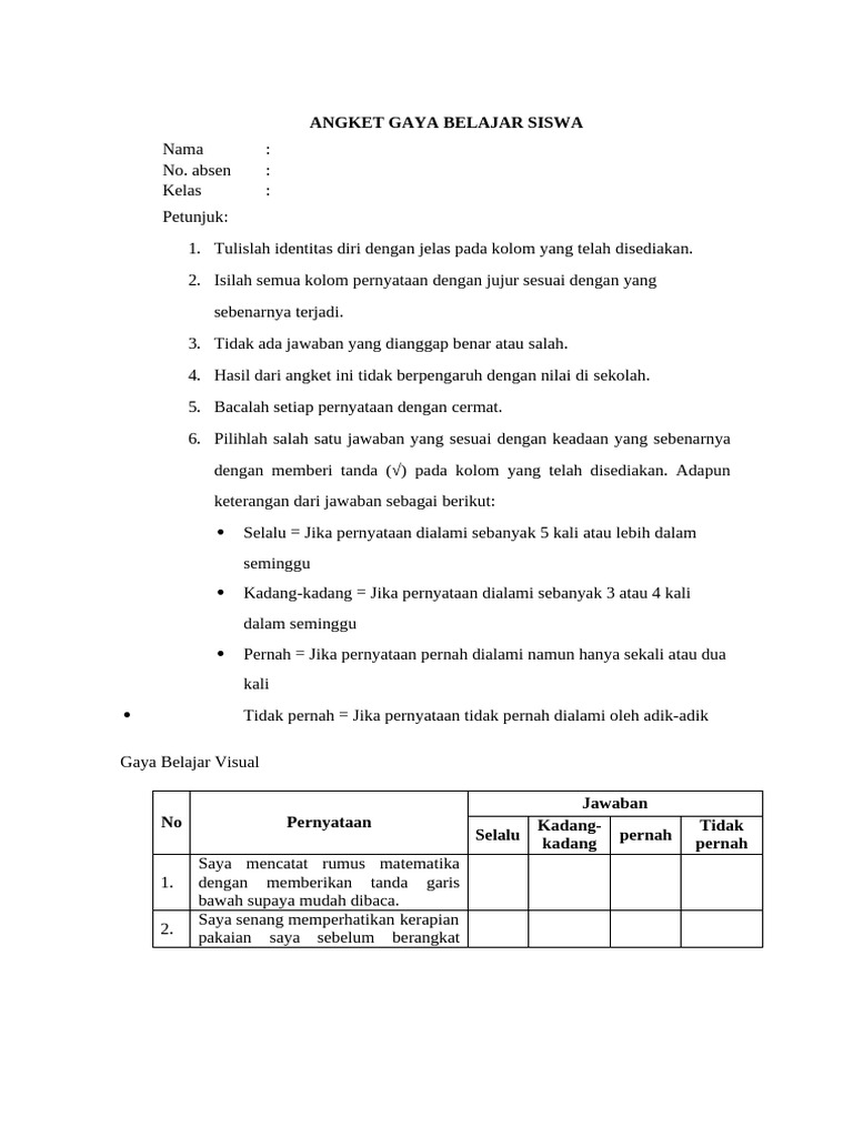 Angket Gaya Belajar Siswa | PDF