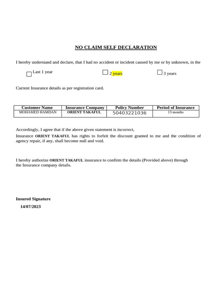 No Claim Self Declaration | PDF