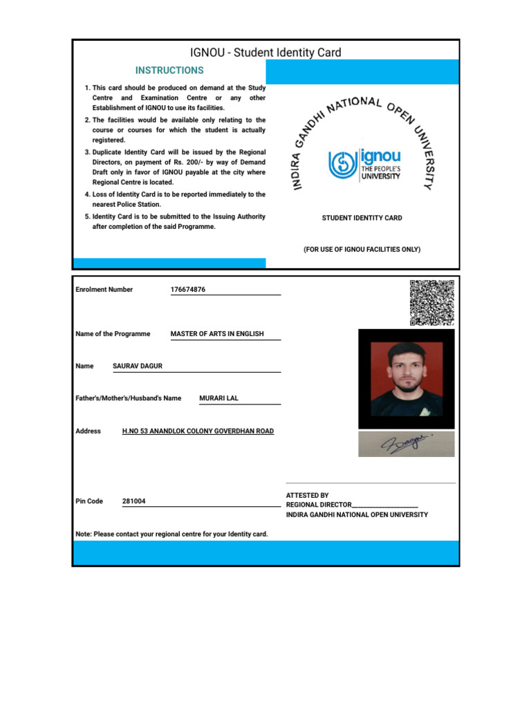 IGNOU Student Identity Card Instructions | PDF