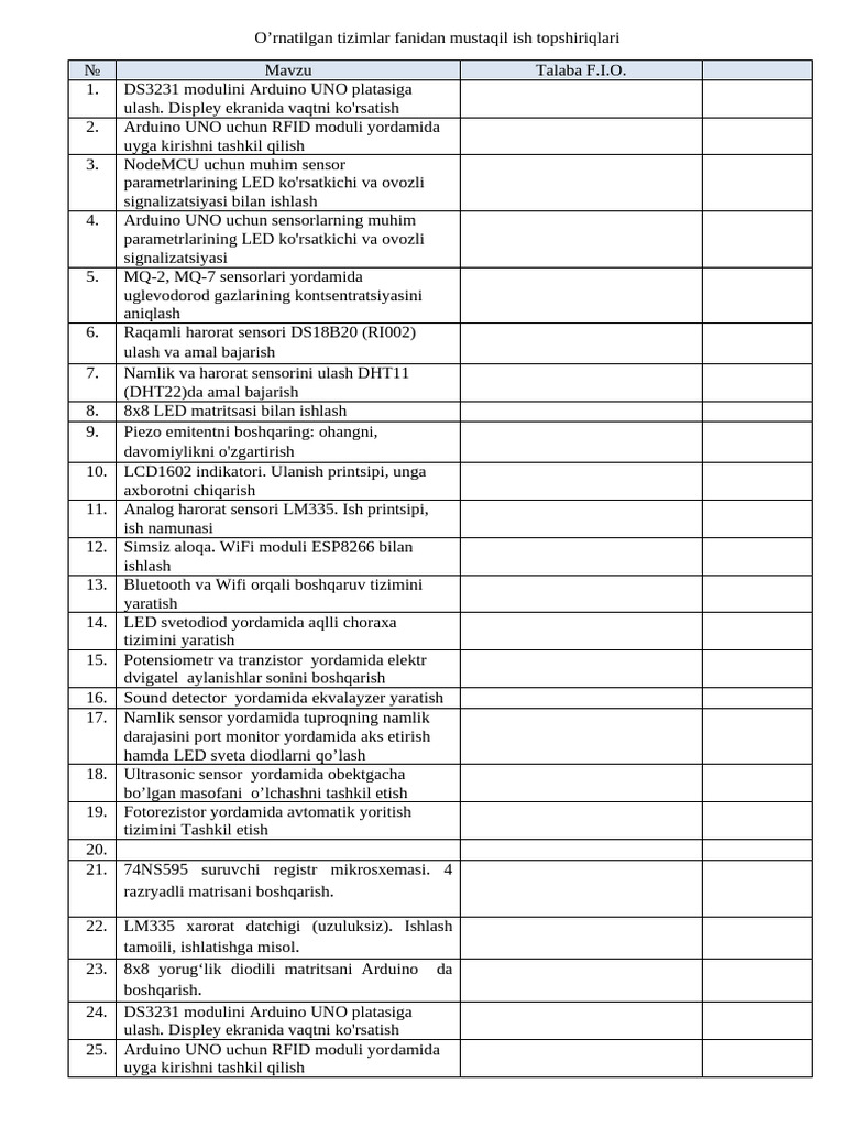 O' Rnatilgan Tizimlar - Mustaqil Ish Topshiriqlari | PDF