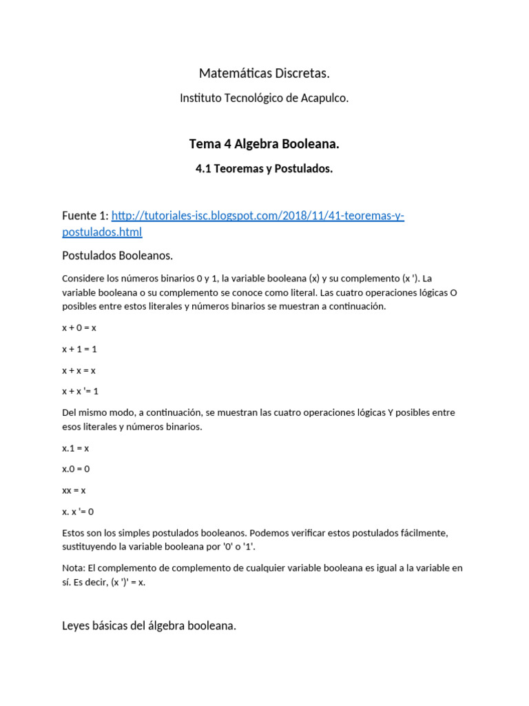 Matemáticas Discretas Tema 4-Algebra Booleana | PDF | Puerta lógica | Álgebra de Boole