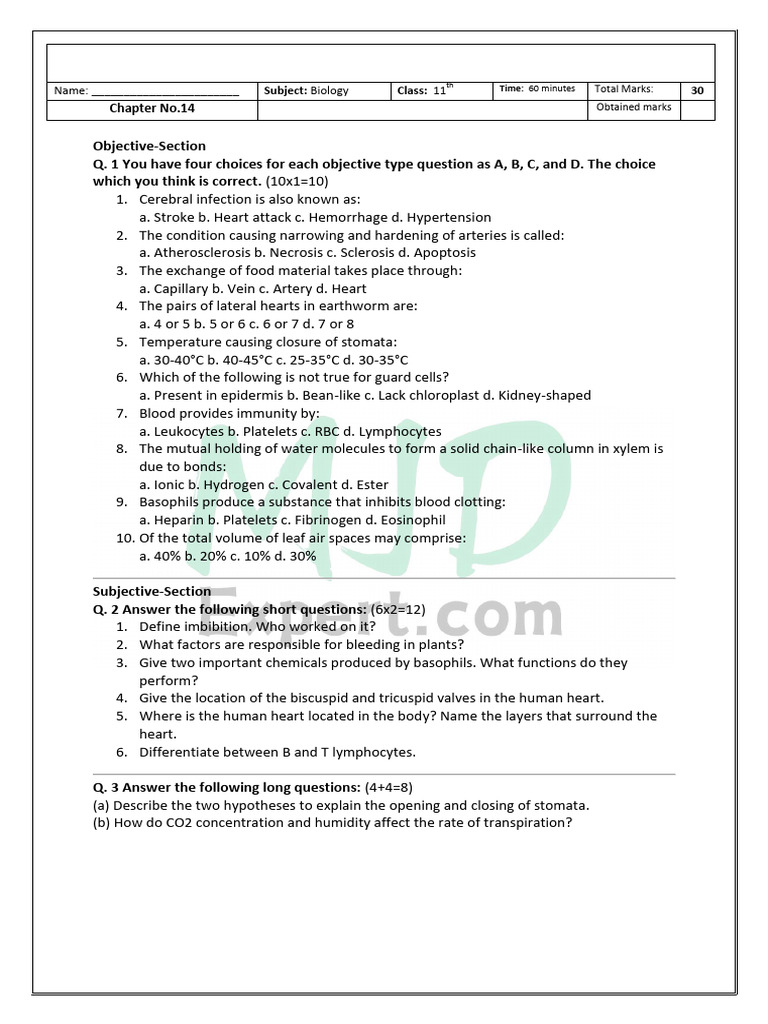 Ch14 11th Class Biology 30 Marks | PDF | Heart | Stoma