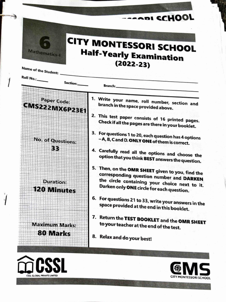 2.) C6 Maths 1 CSSL Half Yearly Examination 2022-23 Paper | PDF ...