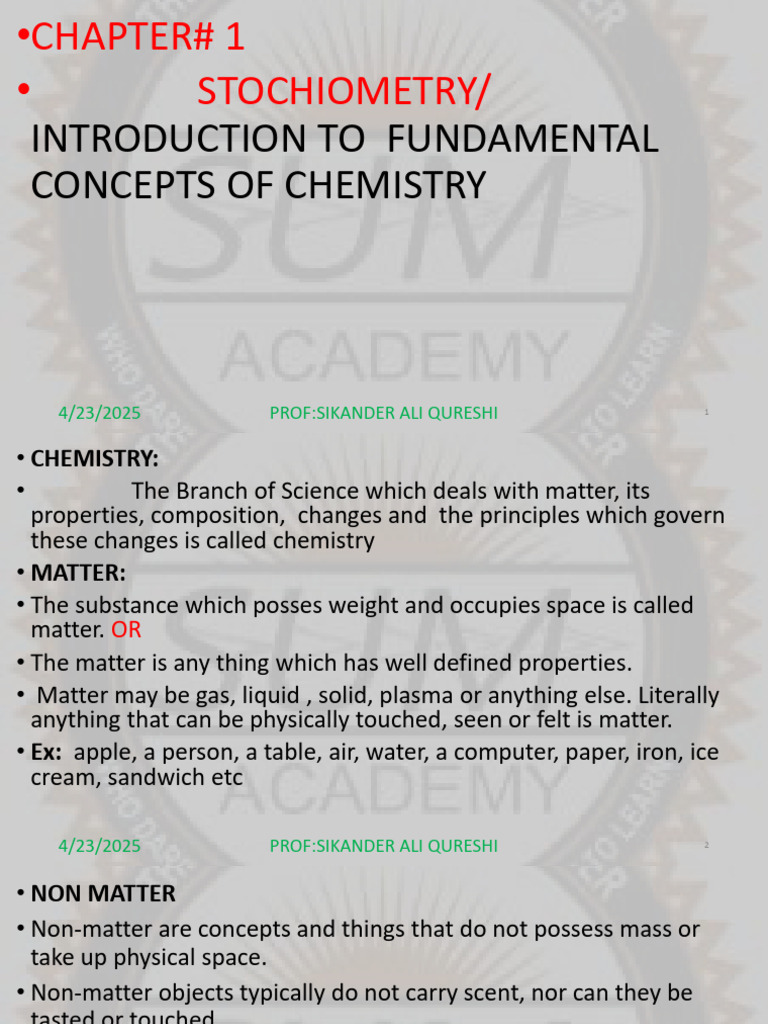 UNIT-1 Introduction To Fundamental Concepts of Chemistry | PDF | Mole (Unit) | Stoichiometry