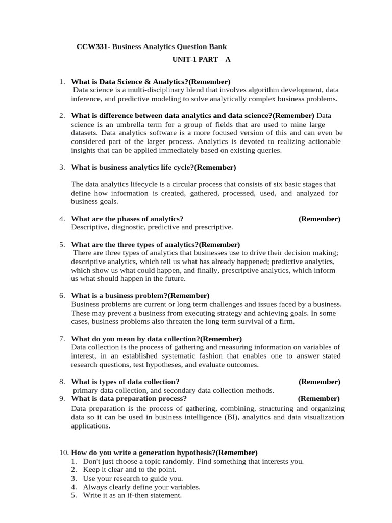 ccw331 Business Analytics 2 Marks 16 Marks | PDF | Analytics | Machine Learning