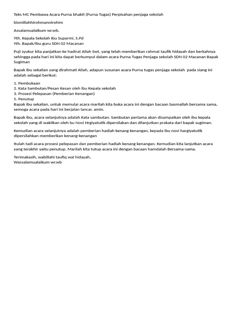 Teks MC Pembawa Acara Purna Bhakti | PDF