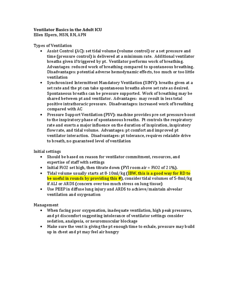 Ventilator Basics in The Adult ICU | PDF | Breathing | Saline (Medicine)
