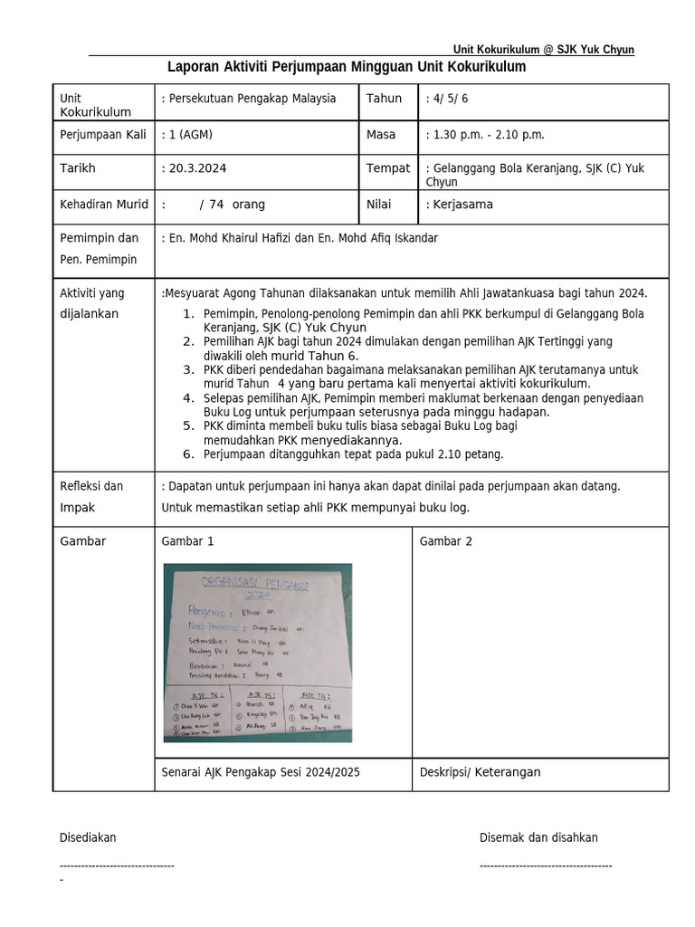 20-3 (AGM) Laporan Aktiviti Perjumpaan Mingguan Unit Kokurikulum | PDF