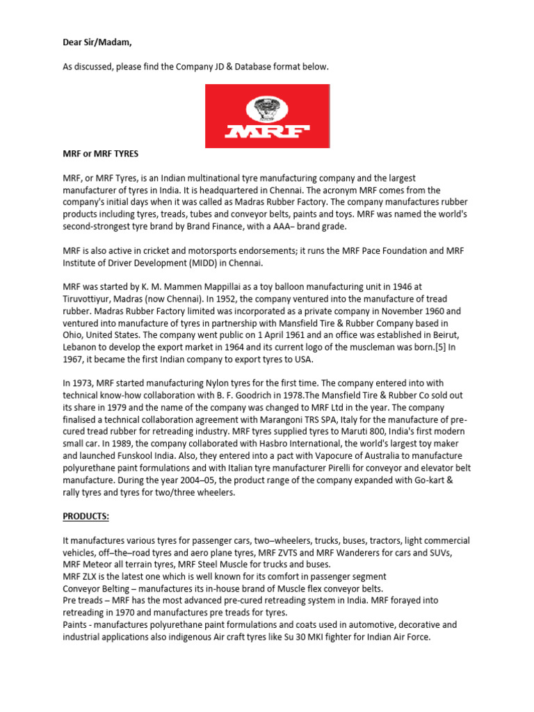 JD of MRF Tyres LTD | PDF