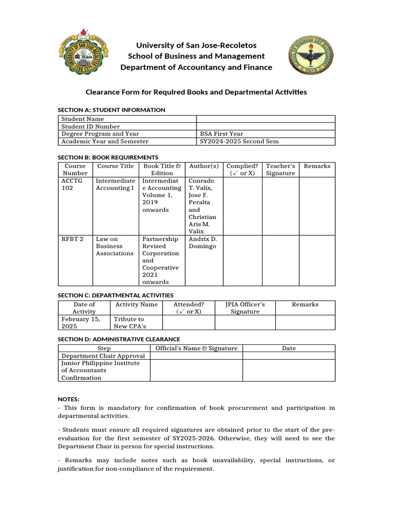 Clearance Form Accountancy Finance BSA-BSMA-FirstYear | PDF