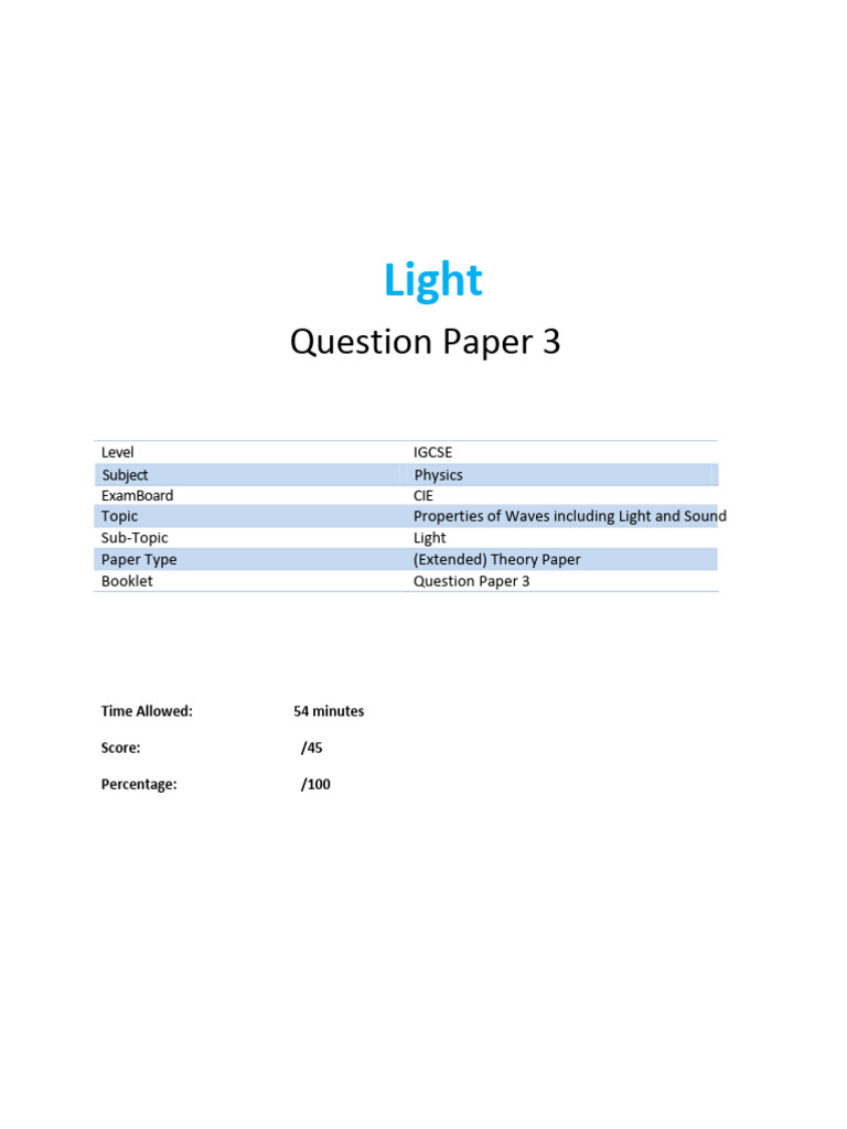 IGCSE Physics: Light Properties Exam Paper | PDF | Optical Fiber ...
