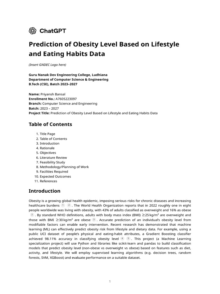Prediction of Obesity Level Based On Lifestyle and Eating Habits Data | PDF | Machine Learning ...