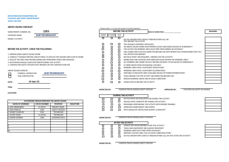 04-11-2023 Above Ceiling Permit Checklist Final Rev.1 | PDF | Safety ...
