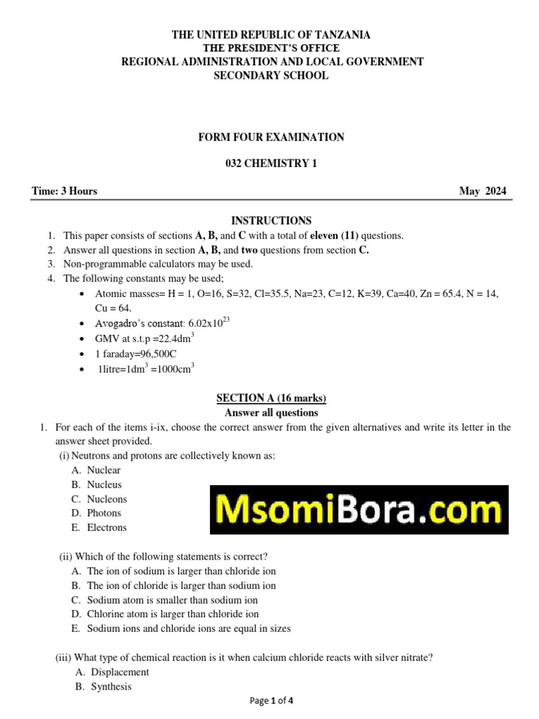 Tanzania Form Four Chemistry Exam 2024 | PDF | Oxide | Mole (Unit)