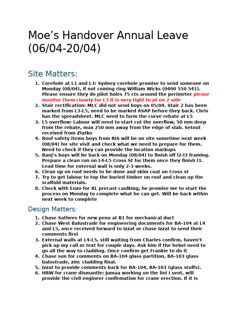 Moe's Annual Leave Handover Notes | PDF | Electric Power | Building