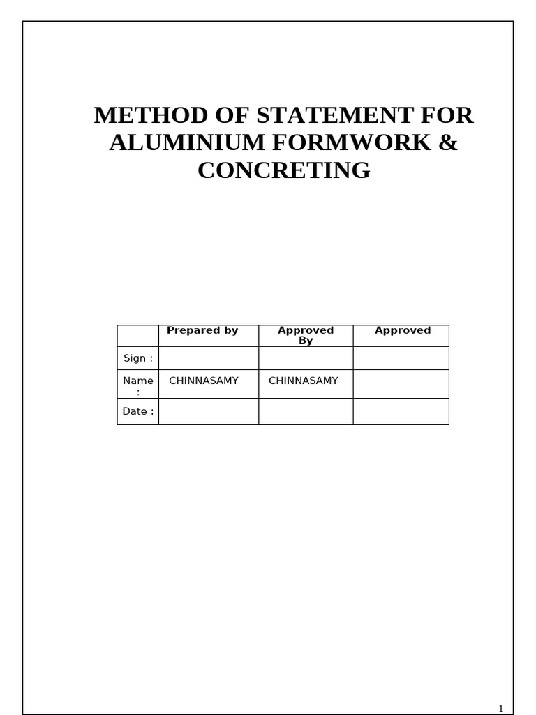 Method Statement Aluminium Formwork & Concreting | PDF | Building Engineering | Structural ...