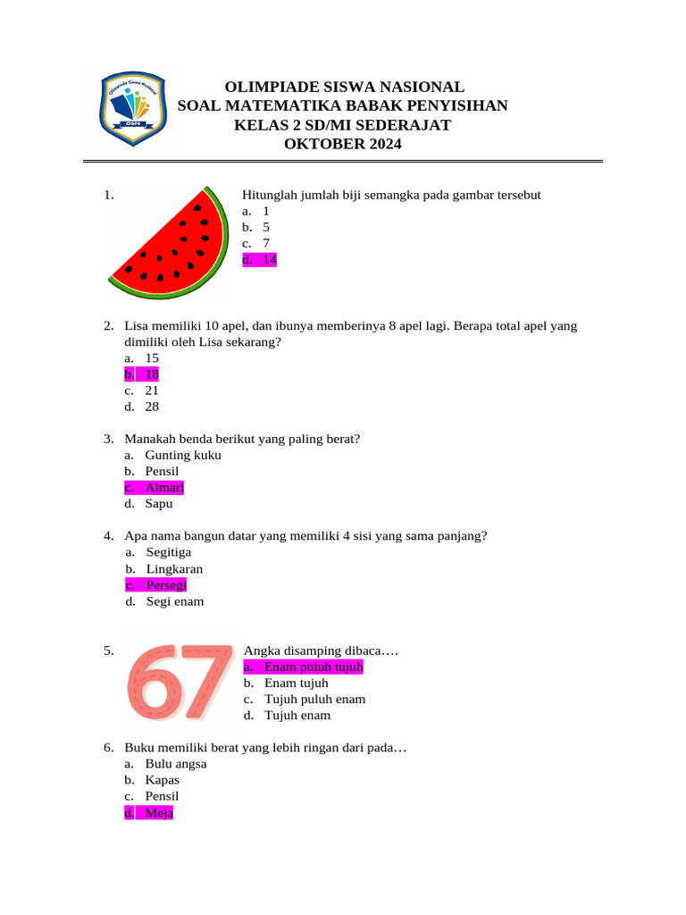 Soal OSN MTK Kelas 2 SD | PDF