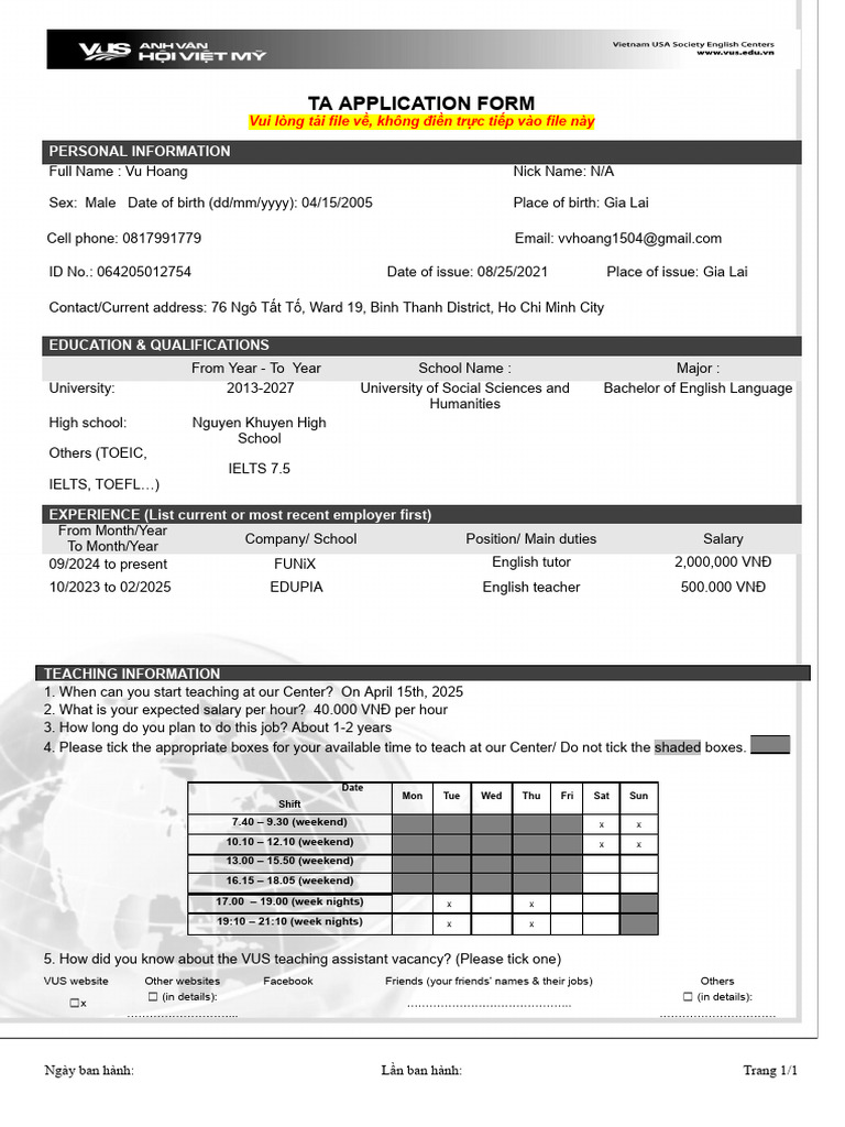 Ta Application Form - Vũ Hoàng | PDF | Vietnam