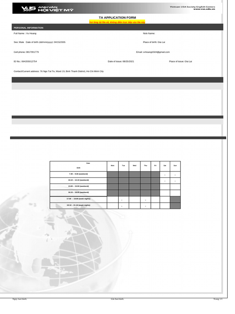 TA APPLICATION FORM - Vũ Hoàng | PDF