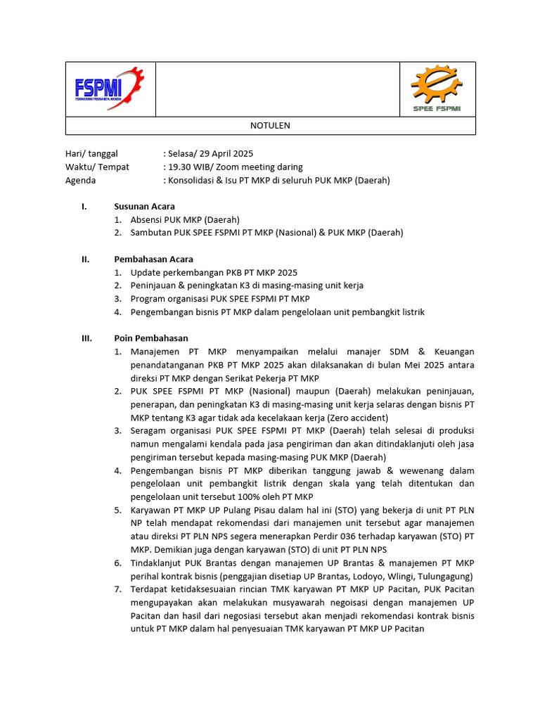 Notulen Konsolidasi & Isu PT MKP Di Seluruh PUK MKP (Daerah) | PDF