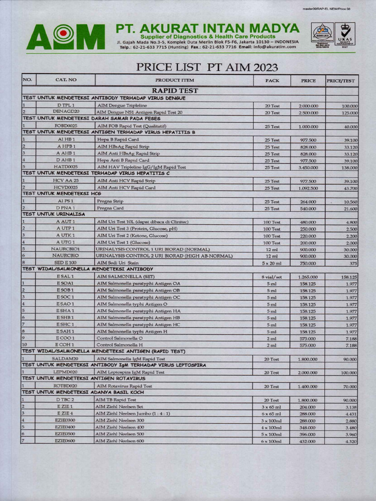 Price List Aim 2023 - 00001 | PDF
