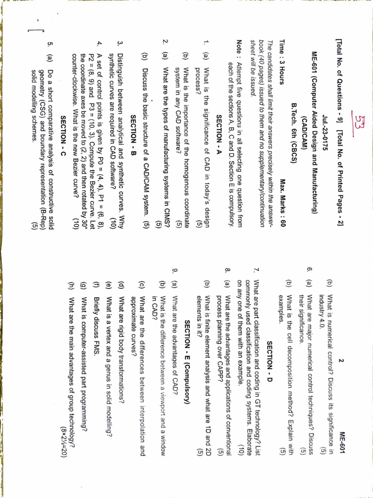 CAD CAM Qpaper July 2023 | PDF