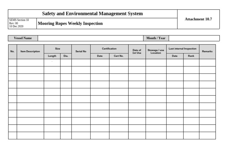 Attachment 10.7 Mooring Ropes Weekly Checklist | PDF