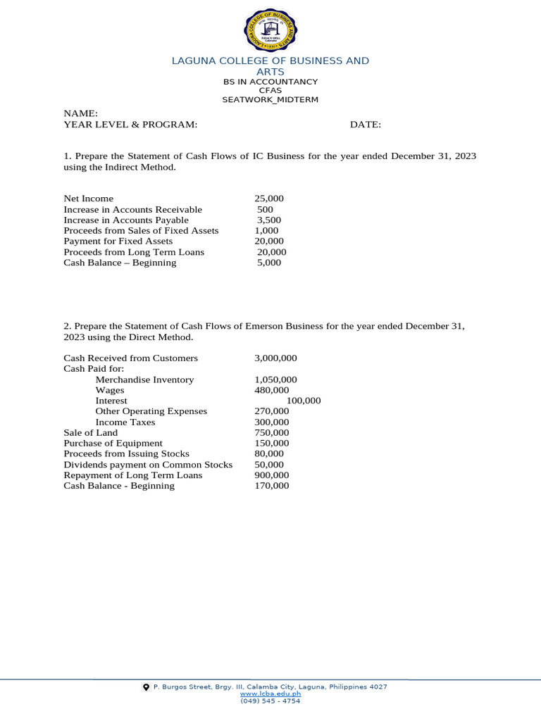 Ass1 - Midterm Preparation of Statement of Cash Flows | PDF