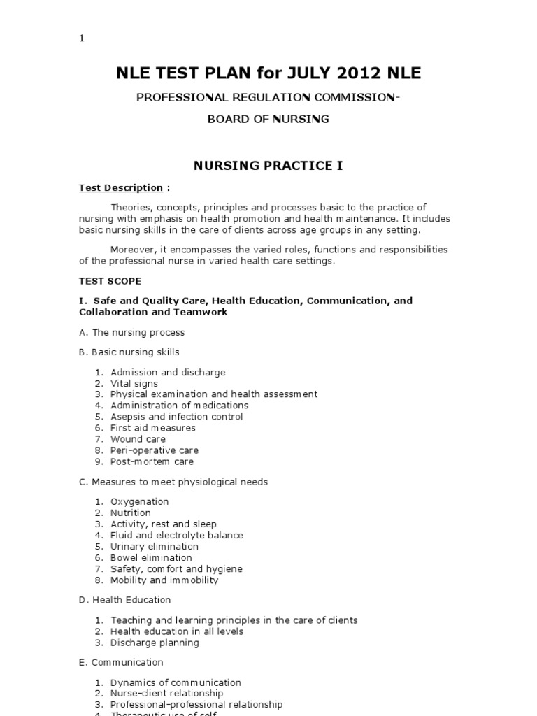 Nle Test Plan For July 2012 Nle: Nursing Practice I | PDF | Health ...
