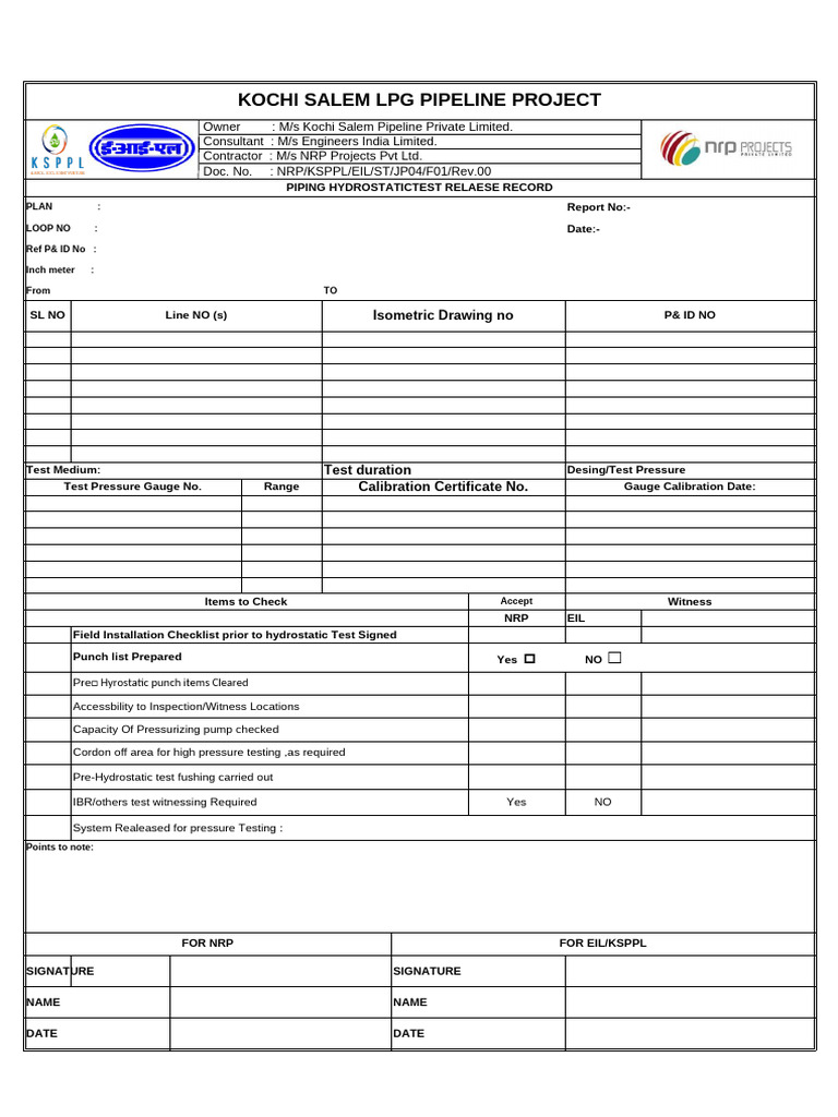 Piping Hydrotest Release Record | PDF