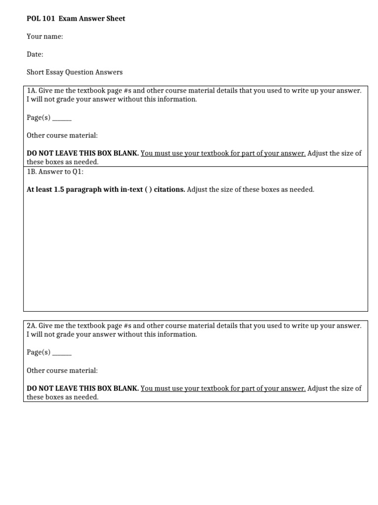 POL 101 Exam Answer Sheet Template | PDF
