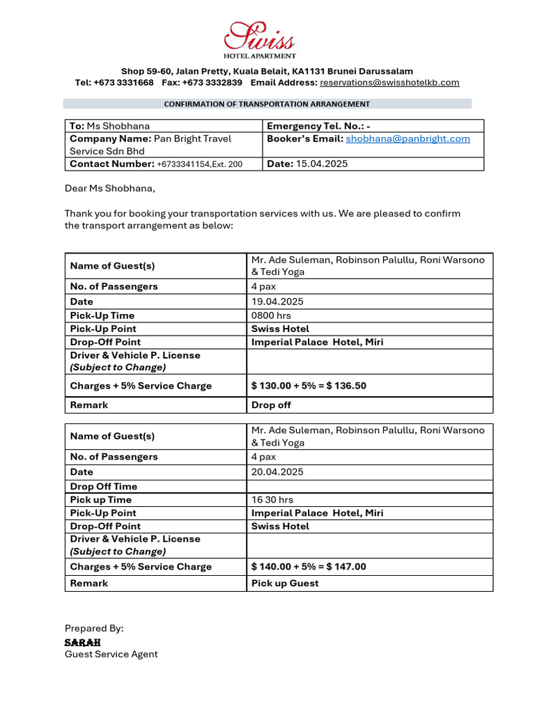 Transportation Confirmation - Ade Suleman Robinson Palullu Roni Warsono ...