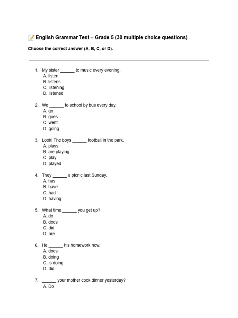 Grade 5 English Grammar Test | PDF